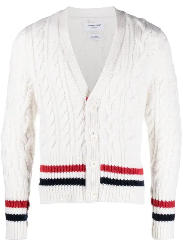 Thom Browne Rwb Cable-knit V-neck Cardigan - White