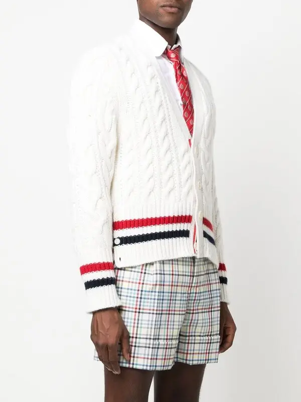 Thom Browne Rwb Cable-knit V-neck Cardigan