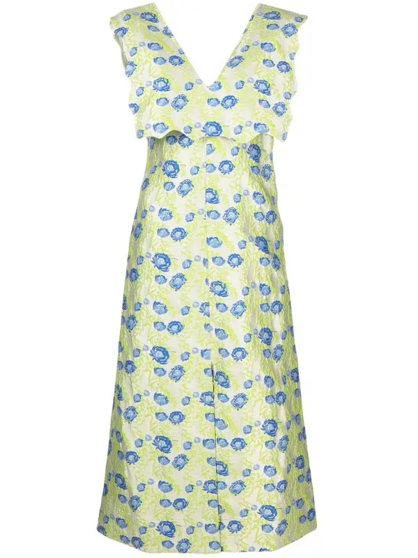 GANNI Jacquard-patterned V-neck Dress - Green