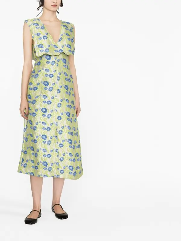 Ganni Jacquard-Patterned V-Neck Dress - Green - 40% Off | Editorialist