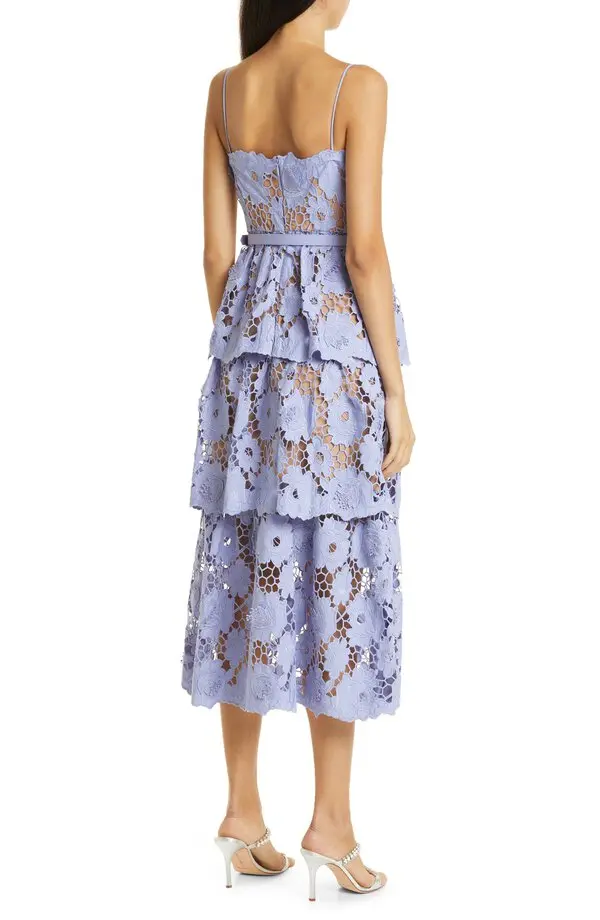 Self-Portrait 3d Floral Lace Tiered Cotton Midi Dress In Purple