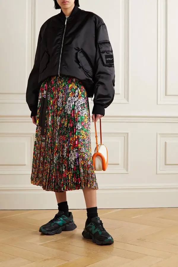 Sacai Belted Floral-Print Plissé-Satin Midi Wrap Skirt In Green