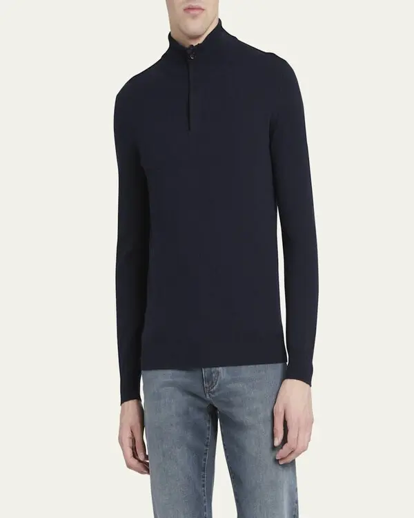 Zegna Oasi Cashmere Zip Mock Neck Sweater - Navy Solid