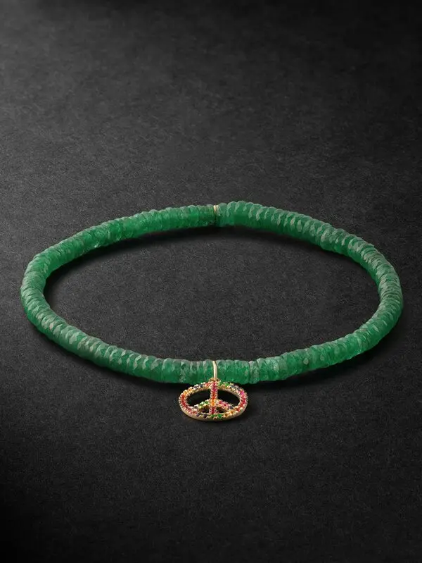 SYDNEY EVAN Rainbow Peace Sign Multi-stone Beaded Bracelet - Green