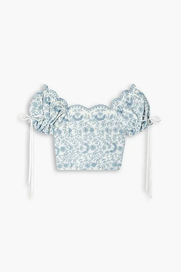 LoveShackFancy Melina Cropped Broderie Anglaise Top - Light Blue