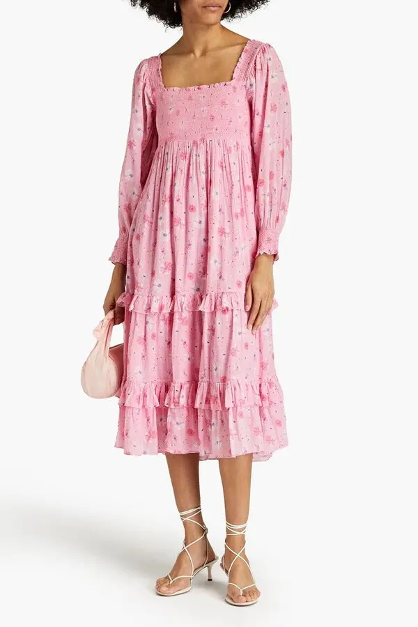 LoveShackFancy Miri Smocked Floral-print Cotton-gauze Midi Dress