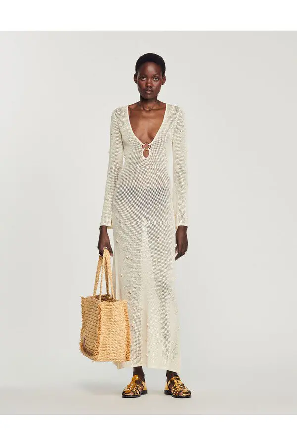 Sandro Long Mesh Sequin Dress In Neutral / White - 30% Off | Editorialist