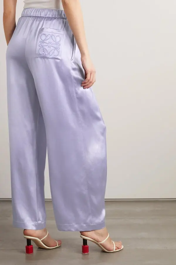 Loewe Anagram Pleated Embroidered Silk-satin Pants - Purple