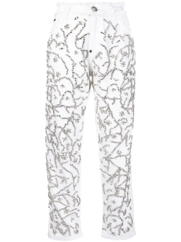 Philipp Plein Crystal-embellished Straight Leg Jeans - White