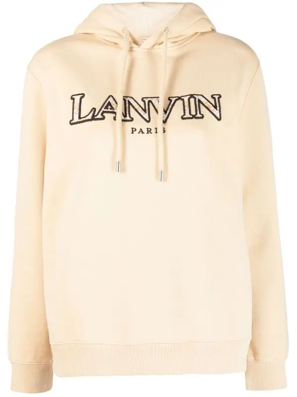 LANVIN Logo-embroidered Cotton Hoodie - Neutrals