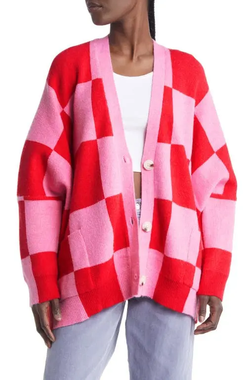 DRESSED IN LALA Oversized Checkered Cardigan - Pink Red Check