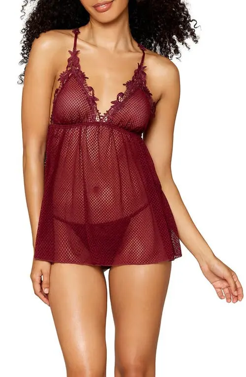 DREAMGIRL Lace Trim Mesh Babydoll Chemise & G-string Thong - Burgundy