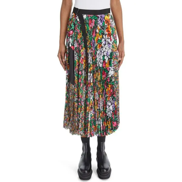 Sacai Pleated Mixed Floral Print Skirt - Yellow/white Multi