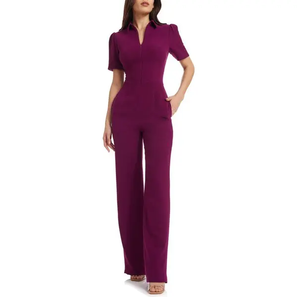 Dress The Population Gloria Front Zip Jumpsuit - Dark Magenta