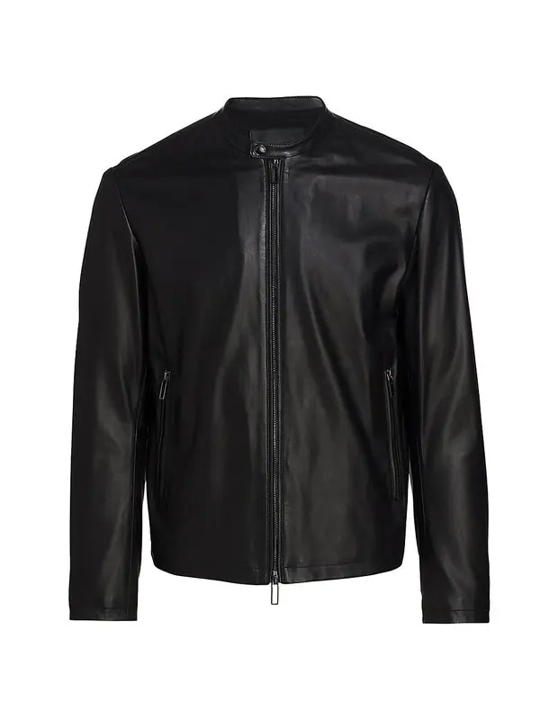 EMPORIO ARMANI ブラックレザージャケット Emporio Armani Leather Moto Jacket In Black - 25% Off | Editorialist