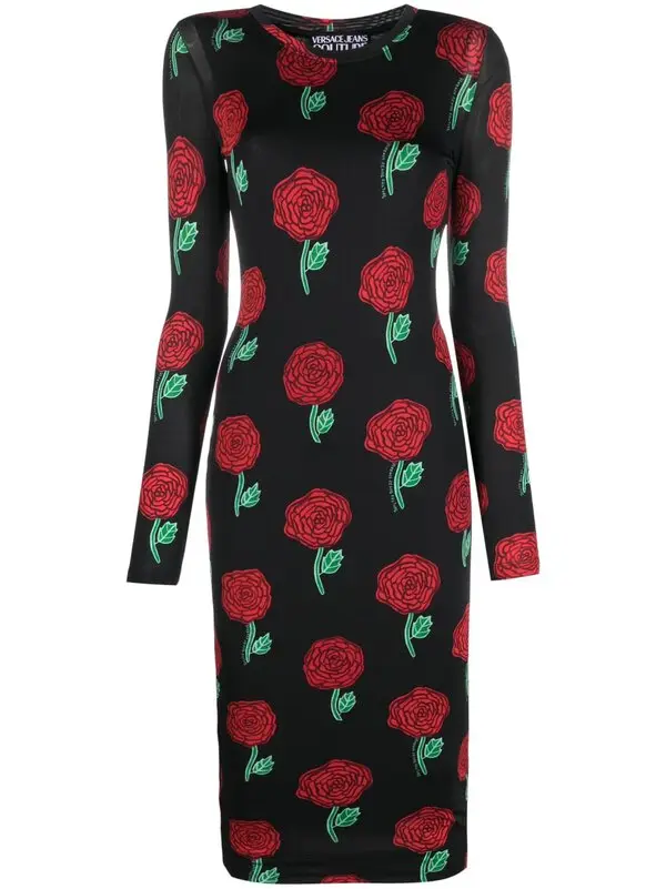Versace Rose-print Midi Dress