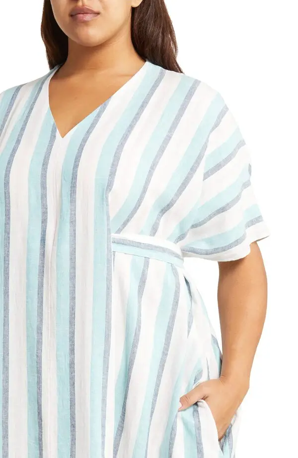 Caslon Tie Back Linen Blend Dress In Teal Shore Napa Stripe - 62% Off |  Editorialist