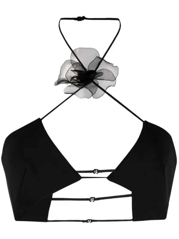 NENSI DOJAKA Floral Appliqué Halterneck Cropped Top - Black