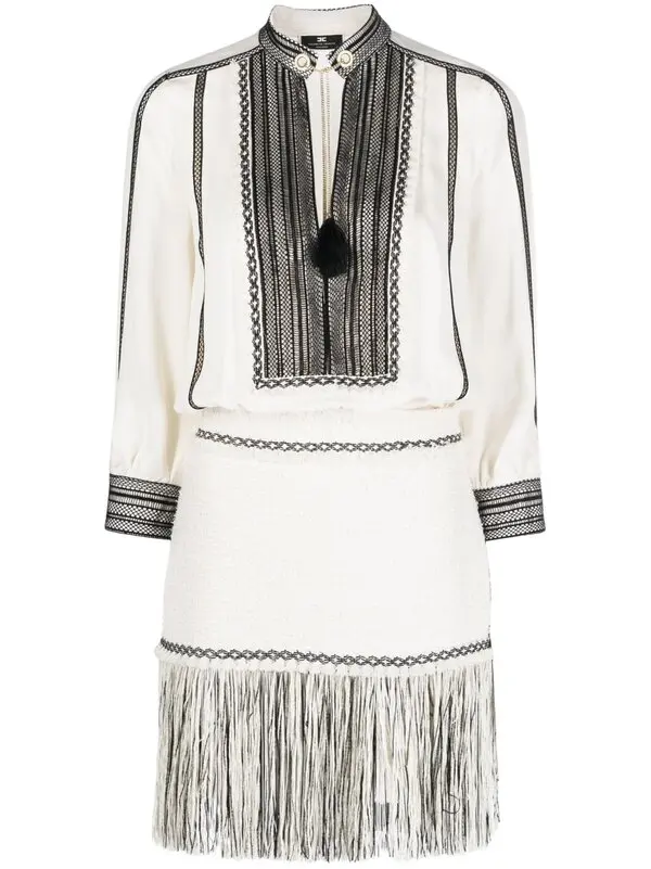 Elisabetta Franchi Fringed Georgette And Tweed Minidress - Neutrals