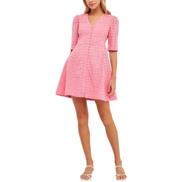 English Factory Broderie Lace Mini Dress - Pink