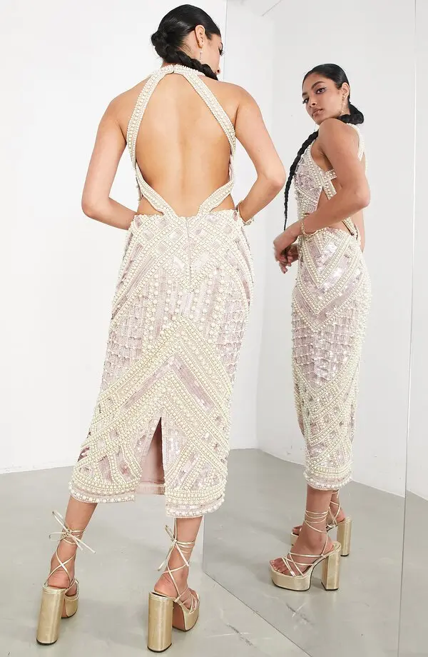 Asos Editior Imitation Pearl & Sequin Halter Neck Dress In Light Pink - 61%  Off | Editorialist