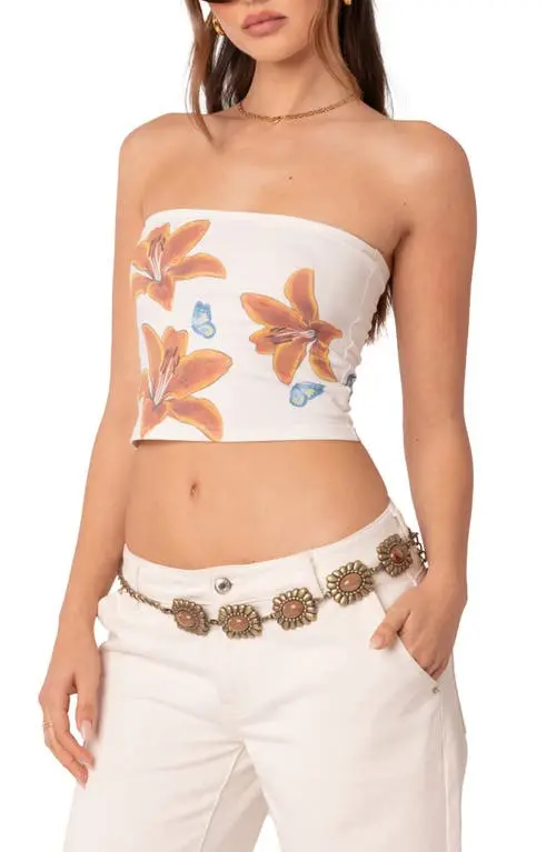 EDIKTED Tiger Lily Print Cotton Tube Top - White