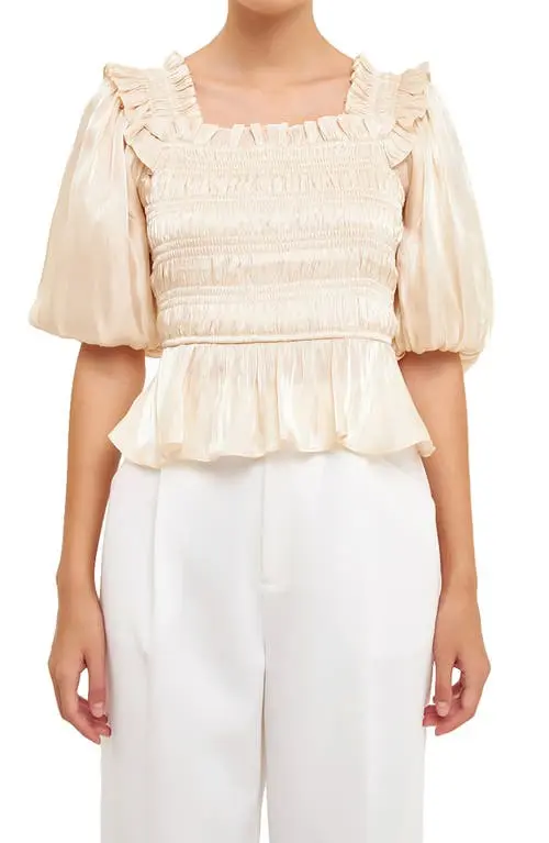 Endless Rose Sheen Smocked Blouse - Cream