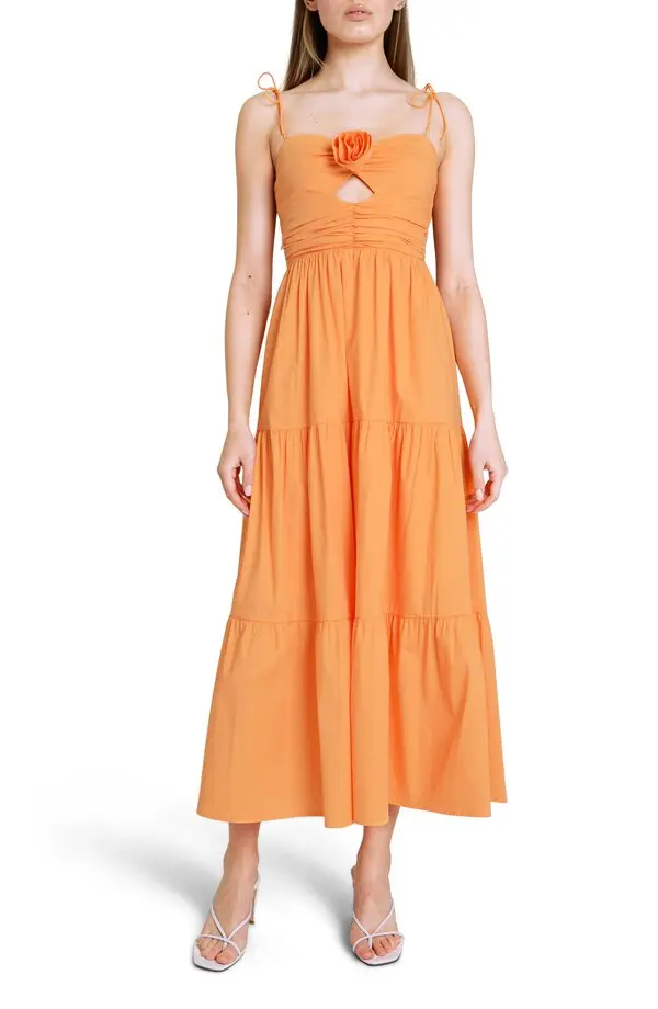 knee length dresses for ladies Elena Tiered Cotton Midi Dress-Blue, Ornamental Floral