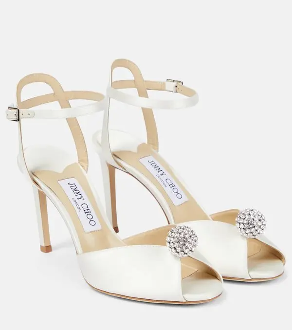 JIMMY CHOO Sacora 85 Embellished Satin Sandals - White