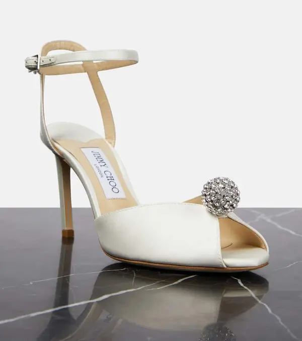 JIMMY CHOO Sacora 85 Embellished Satin Sandals - White