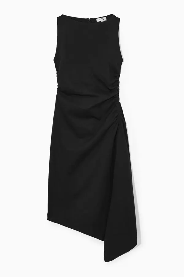 Cos Asymmetric Gathered Midi Dress In Black - 60% Off