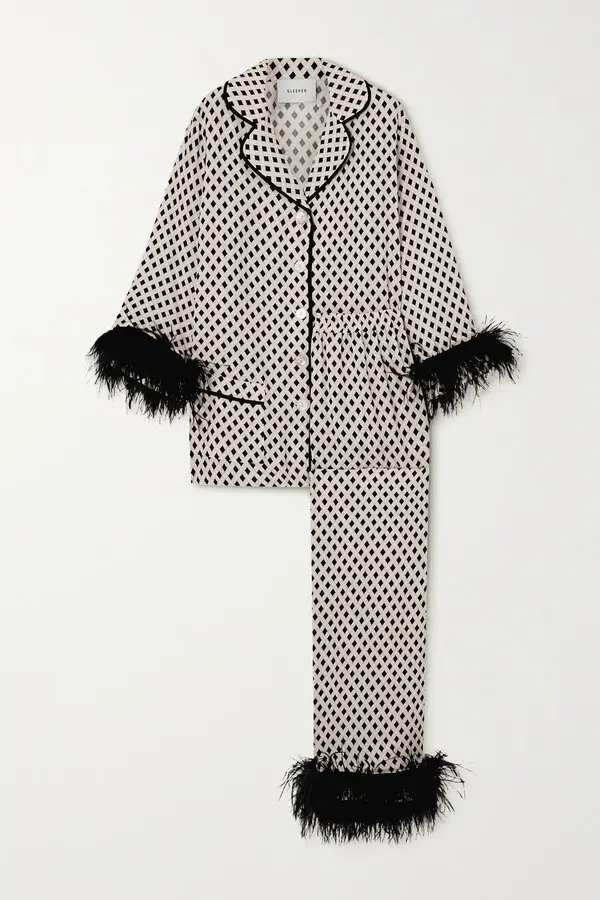 Sleeper Party Convertible Feather-trimmed Checked Woven Pajama Set
