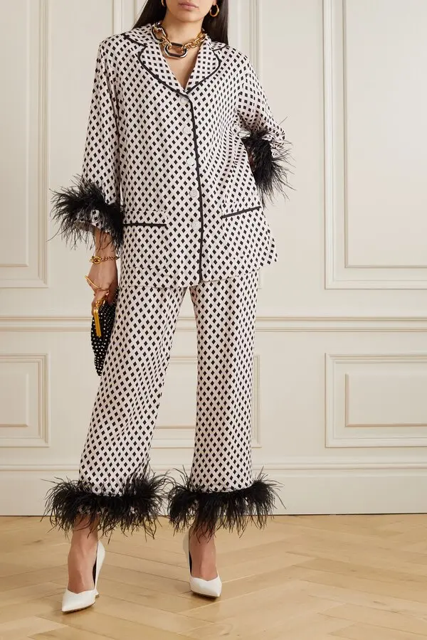 Sleeper Party Convertible Feather-trimmed Checked Woven Pajama Set
