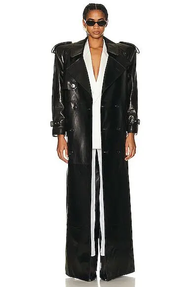 Saint Laurent Leather Trench Coat In Black