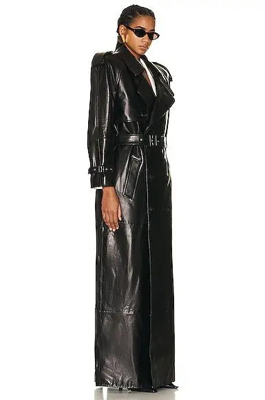 Saint Laurent Leather Trench Coat In Black