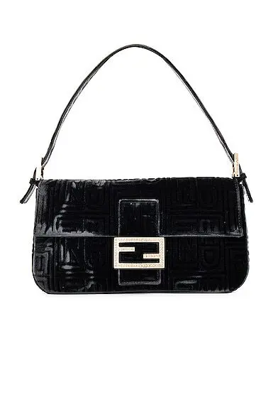 Fendi Velour Leather Rhinestone Mama Baguette Bag In Charcoal