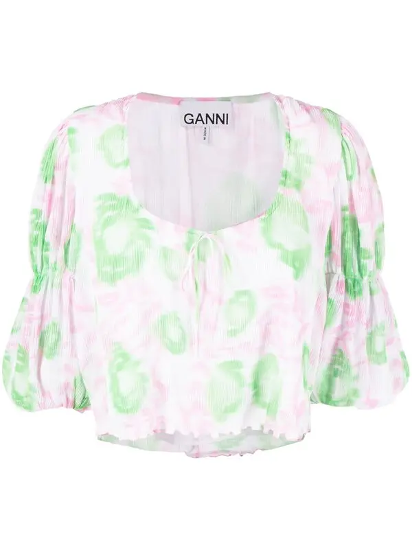 GANNI Floral-print Pleated Georgette Blouse - Pink