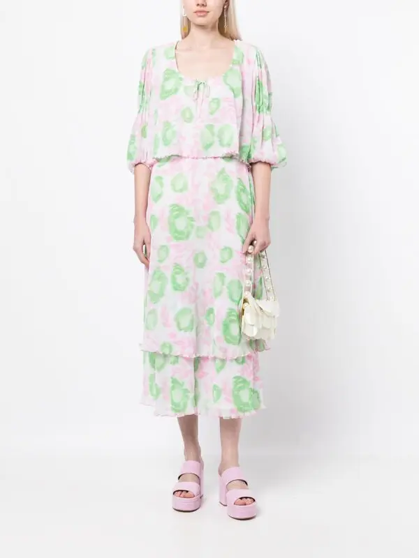GANNI Floral-print Pleated Georgette Blouse - Pink