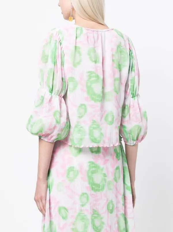 GANNI Floral-print Pleated Georgette Blouse - Pink
