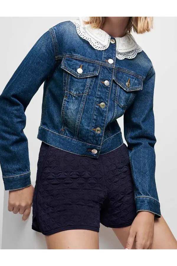Maje Denim Jacket With Embroidered Collar