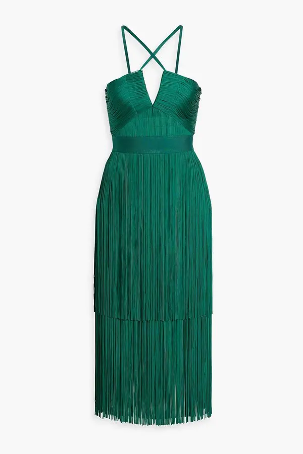 Herve Leger Natalia Fringed Bandage Midi Dress - Emerald
