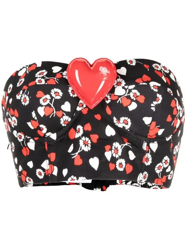 Moschino Floral-print Heart-appliqué Bandeau Top - Black