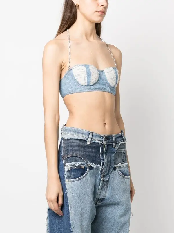 Gcds Ribbed Washed-denim Crop Top - Blue