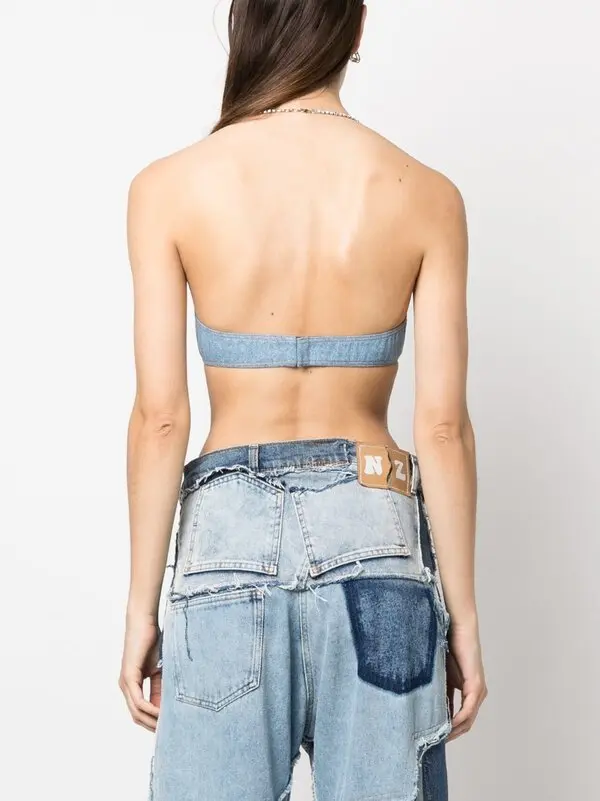 Gcds Ribbed Washed-denim Crop Top - Blue