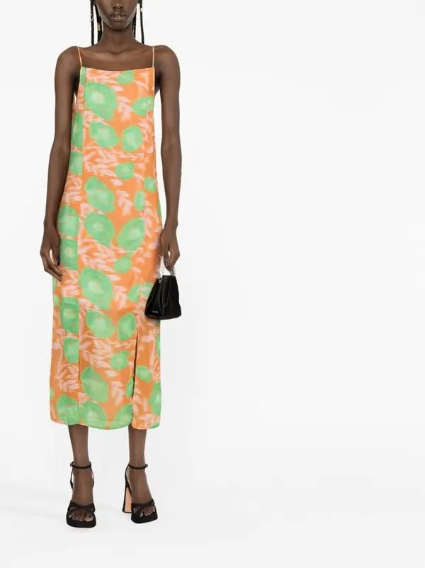 GANNI Floral-print Slip Midi Dress - Orange