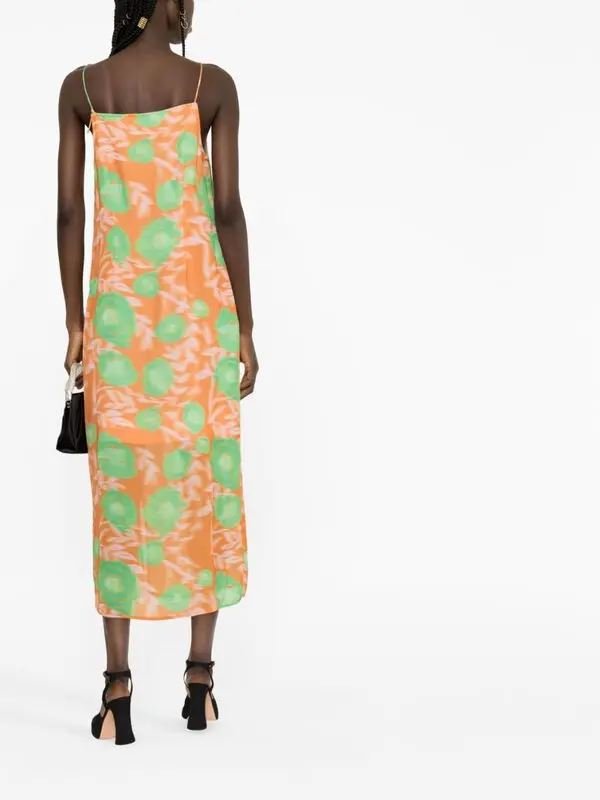 GANNI Floral-print Slip Midi Dress - Orange
