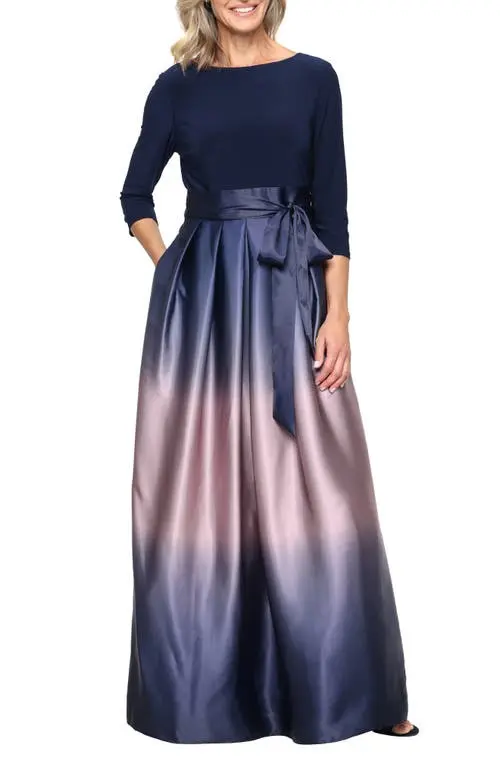 SL FASHIONS Slny Tie Waist Ombrè Skirt Gown - Navy/mauve