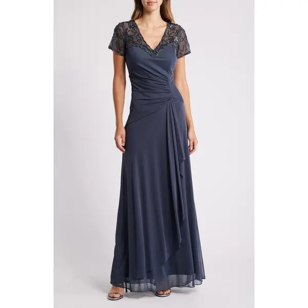 Xscape Evenings Beaded Short Sleeve Ruched Gown In Charcoal Blue - 70% Off  | Editorialist