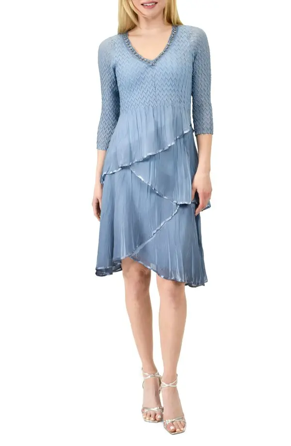 Komarov Beaded Tiered Charmeuse & Chiffon Cocktail Dress In Cloud Blue  Ombre - 70% Off | Editorialist