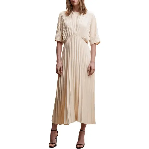Mango Pleated Short Sleeve Dress - Off White | Editorialist